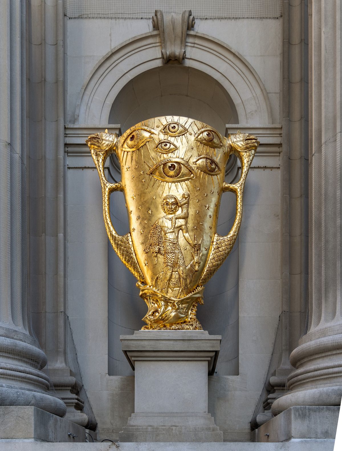 Hew Locke s Symbolic Gold Trophies Hoisted In Met Facade Commission Hew Locke s Symbolic Gold Trophies Hoisted In Met Facade Commission